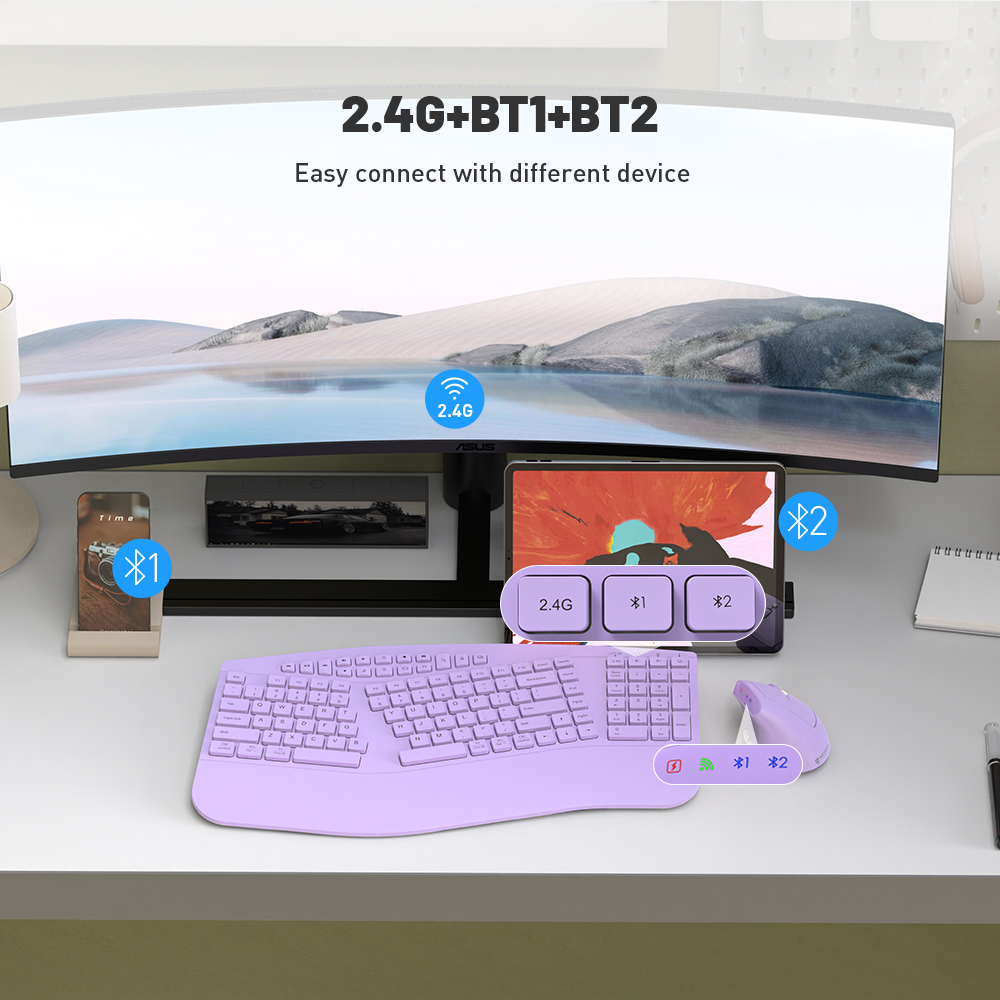 Split Keyboard Layout Design Ergonomic 2.4G 2-in-1 Wireless Keyboard ...