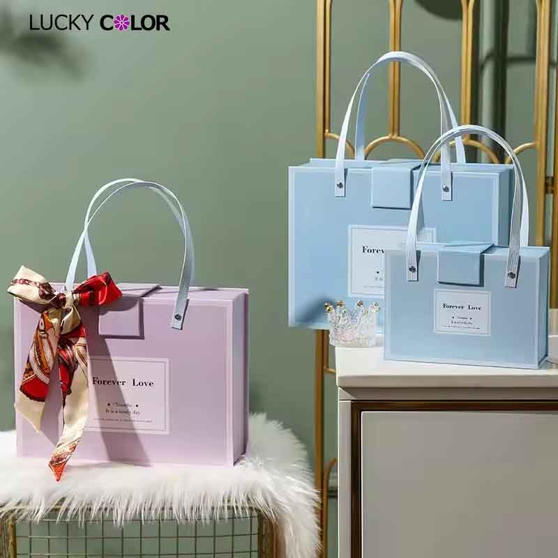 Custom Gift Packaging Cyan Purple Megnetic Carboard Box with Handle ...