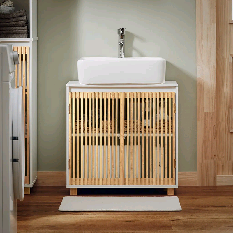 Wood and Bamboo Under Sink Storage Washroom Cabinet with Double Doors ...