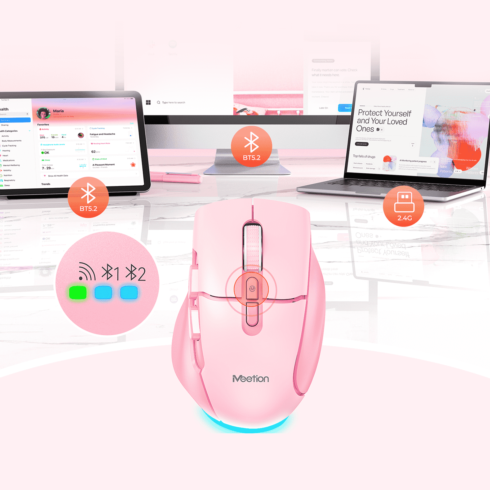 Wireless Dual-Mode Ergonomic Mouse Pink - Meetion