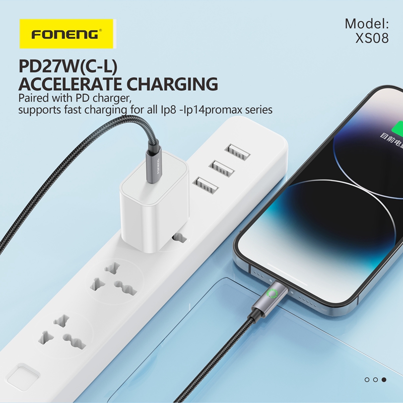 FONENG 1.2M Metal Head Green Light Fast Charging Braided Cable XS08 - FONENG