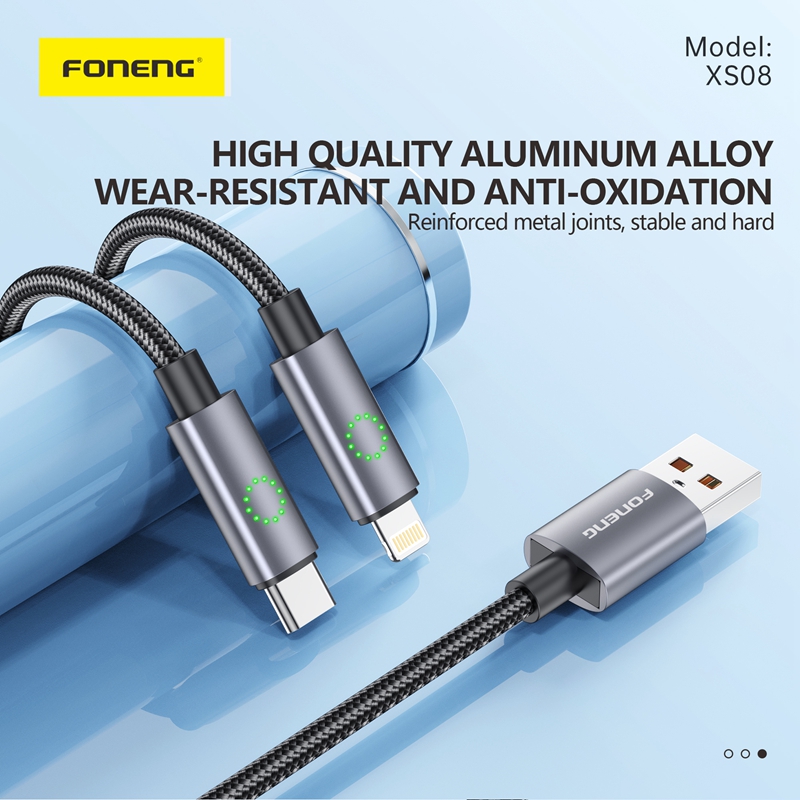 FONENG 1.2M Metal Head Green Light Fast Charging Braided Cable XS08 - FONENG