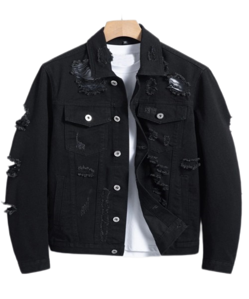 Men's Cotton Ripped Frayed Flap Pocket Plain Dark Denim Jacket - DZX ...