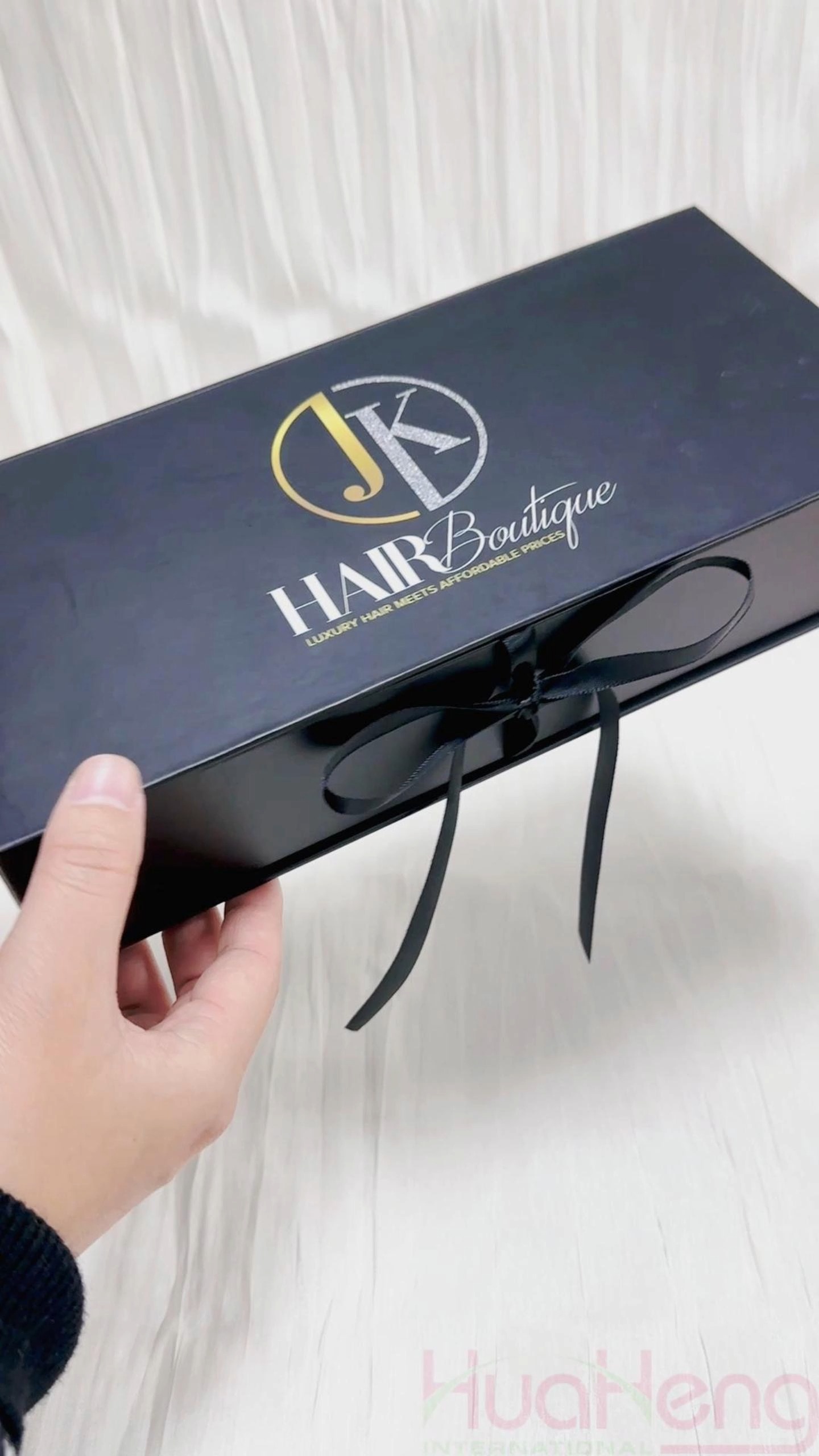 Elegant Black Flip-Top Wig Box with Long Ribbon Closure | HuaHeng Packaging