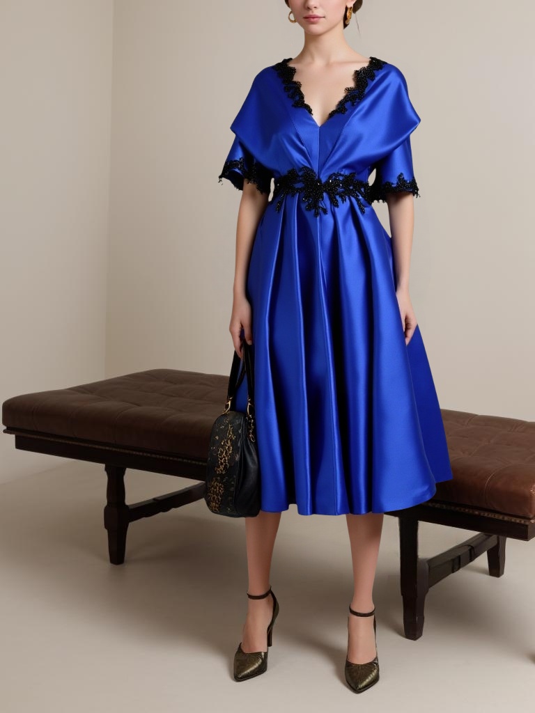 V Neck Tea Length Half Sleeves Midi Dress Royal Blue Prom Dress RSE1001 ...