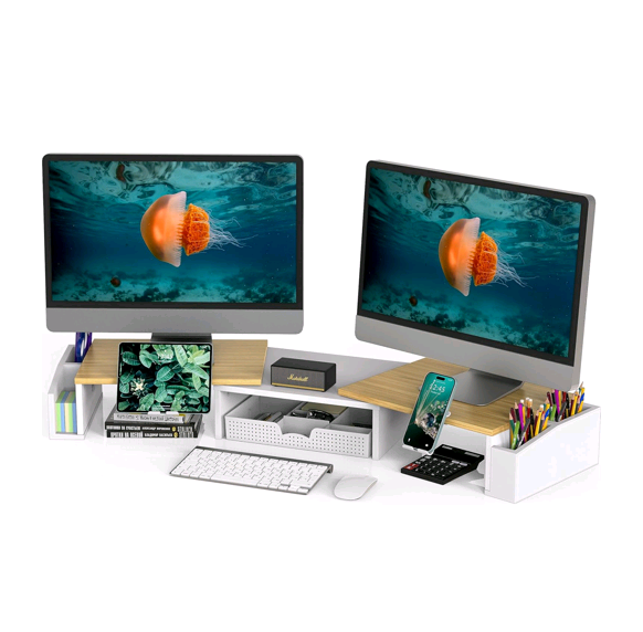 Bamboo and Wood Adjustable Monitor Stand Riser with Drawer and Storage ...