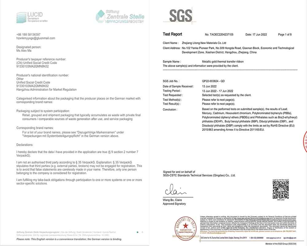 SGS & LUCID Certifications | Sinoco Ribbon