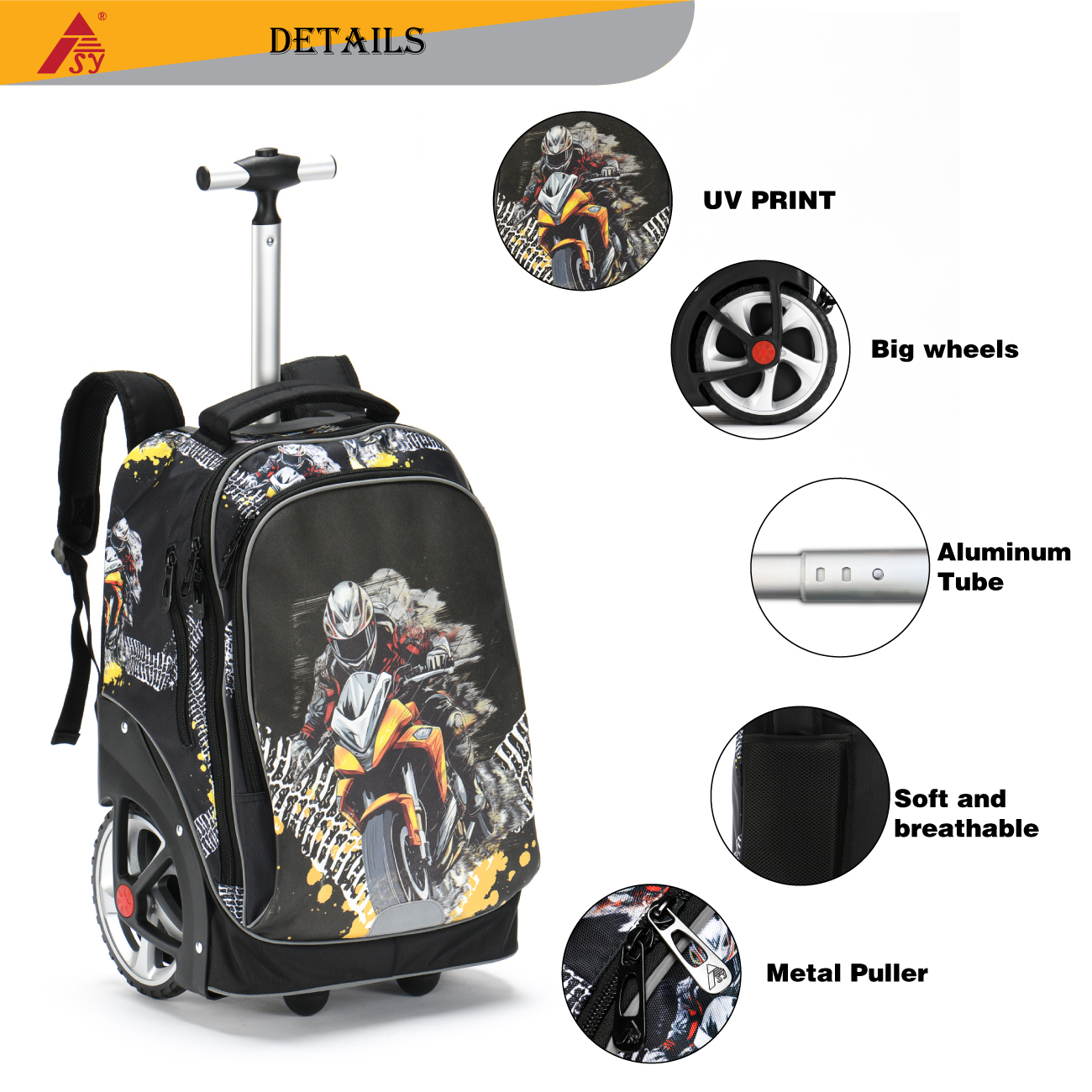 Custom Logo Print Motorcycle Men Mute Wheel Student Backpack Kids ...