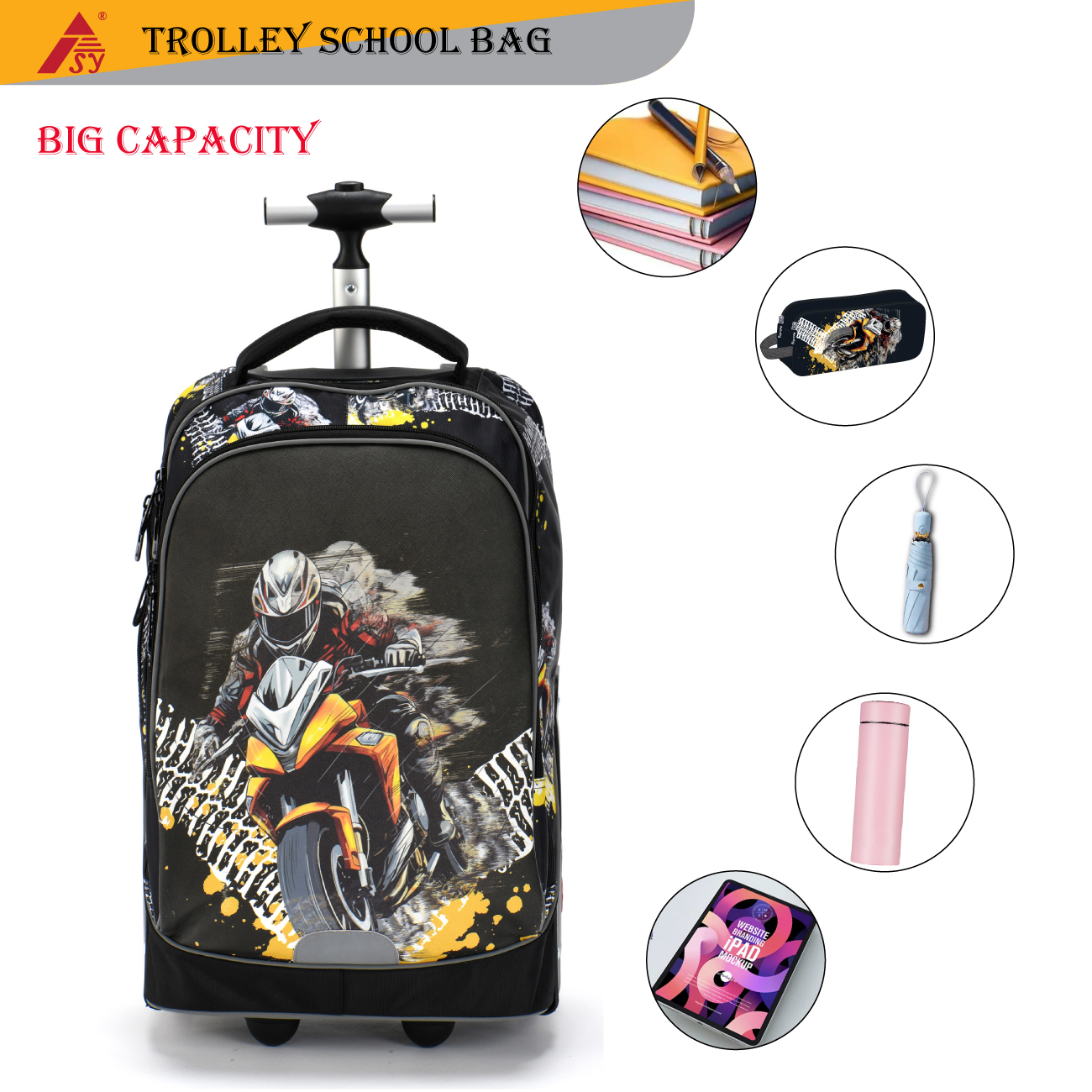 Custom Logo Print Motorcycle Men Mute Wheel Student Backpack Kids ...