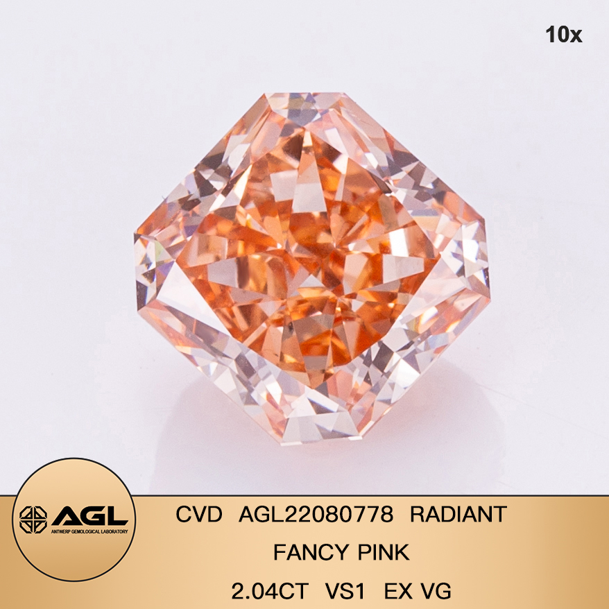 Radiant 2.04ct Fancy Pink VS1 CVD Diamond Lab Grown Diamond AGL Certificate