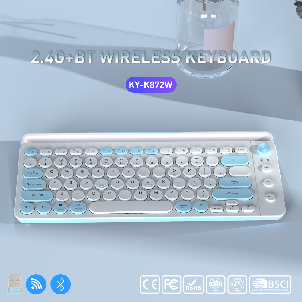 KY-K872W Tri-Mode Wireless Keyboard with Metal Music Knob - 2.4G+BT1+BT2, Ergonomic Silent Keys ...