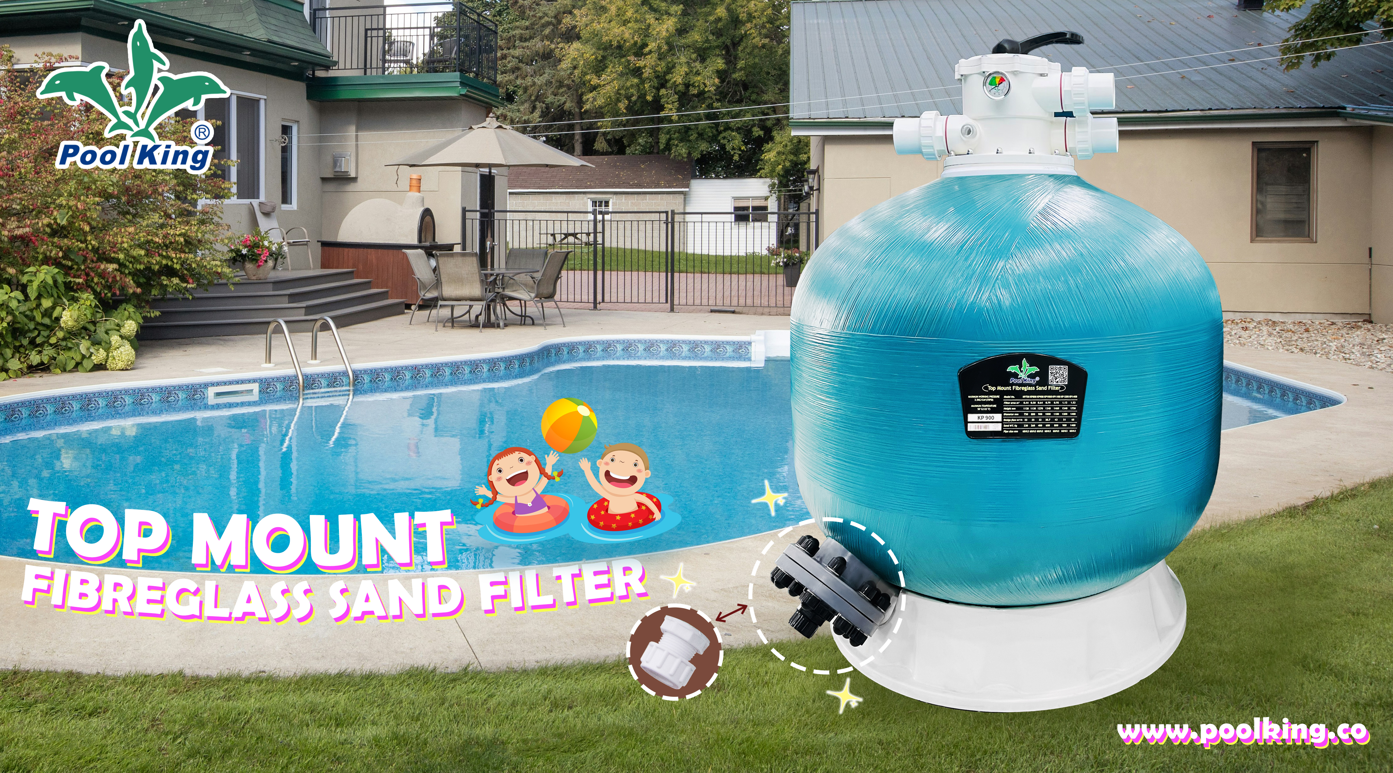 Poolking Top Mount Sand Filter with Big Size Main Drain | Poolking