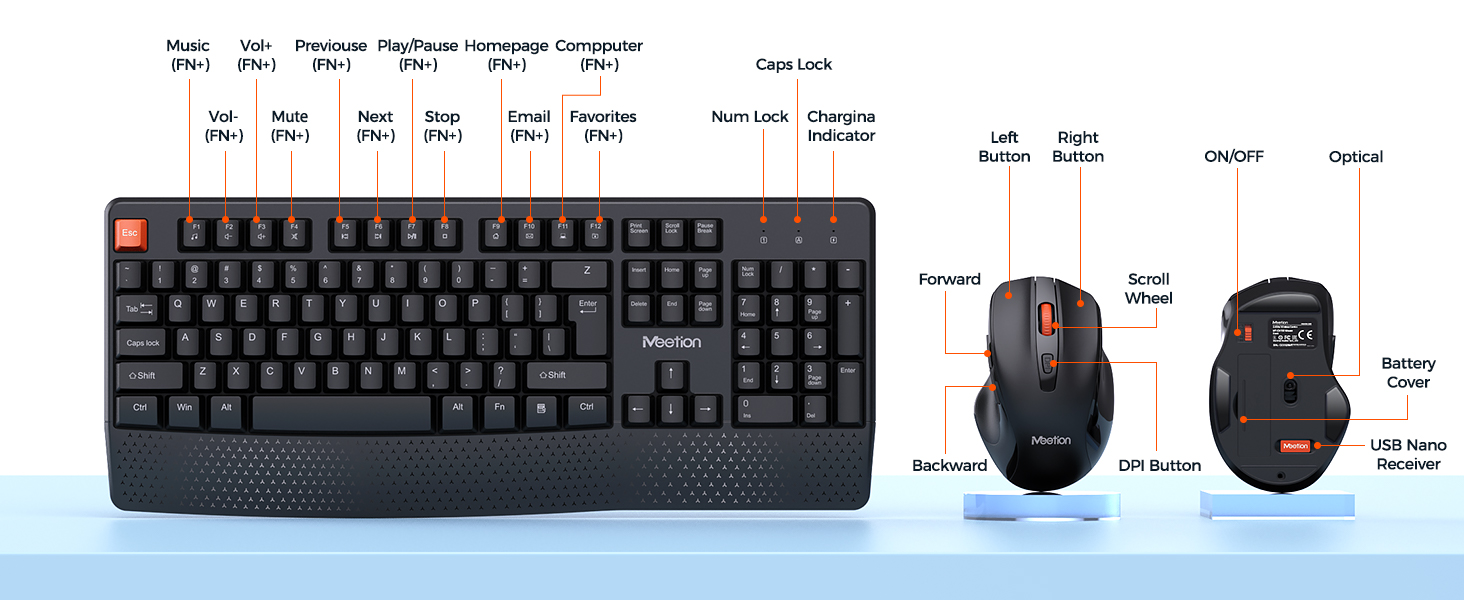Wireless Ergonomic Keyboard Mouse Combo - Meetion