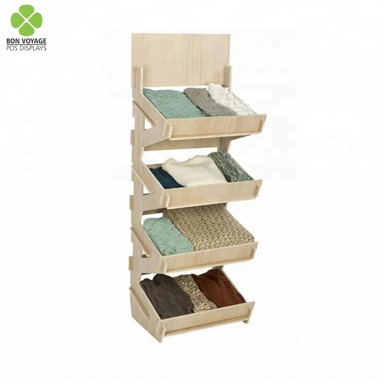 Natural Wooden 4 Tiers Dump Bin Retail Display Racks And Stands