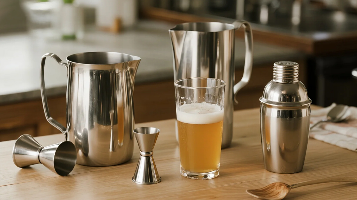 Conjunto de coqueteleiras & e jarras de cerveja - utensílios de bar ...