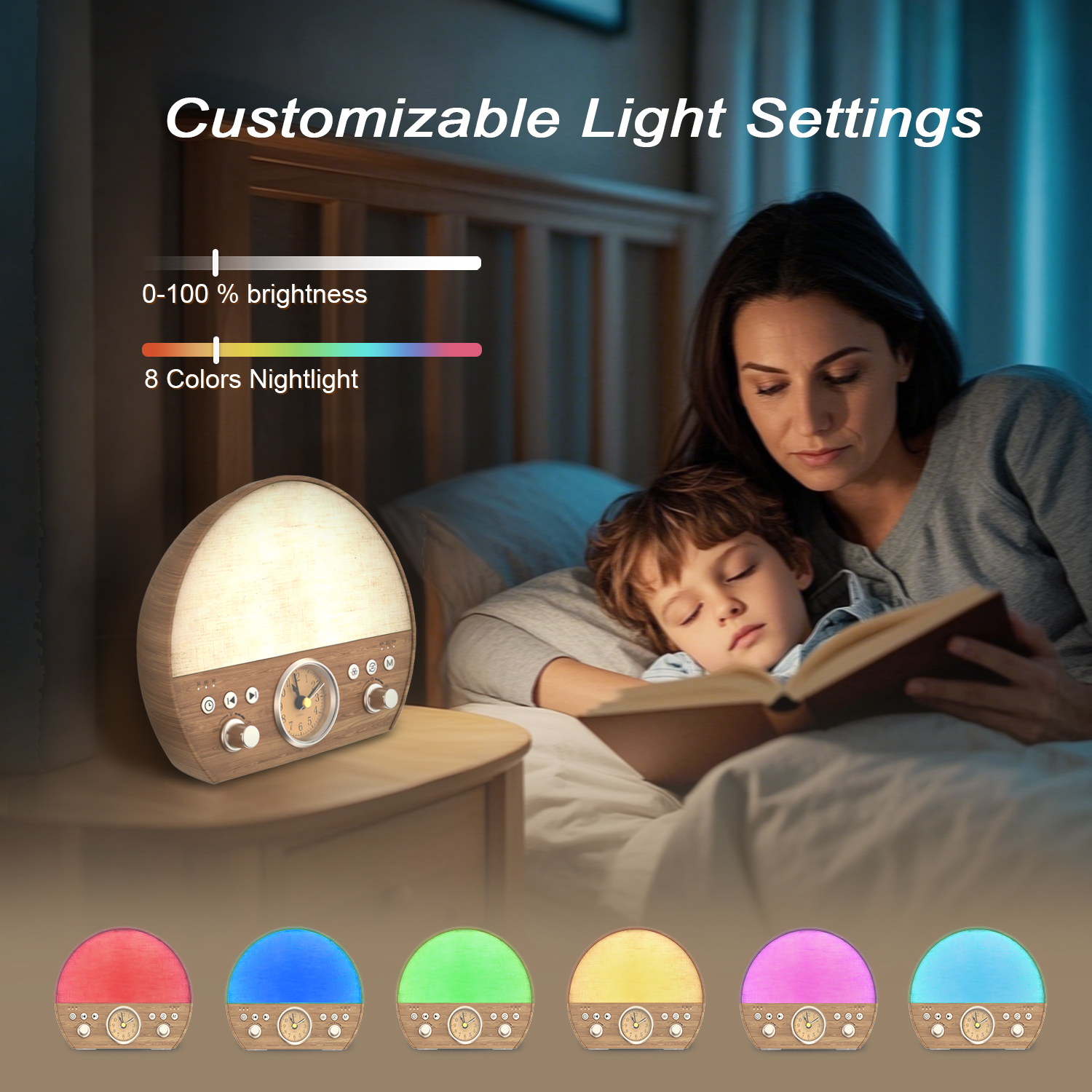 Hi-FiD FM-radio med hvid støj og BT-højttaler, vækkeur med lys og ...