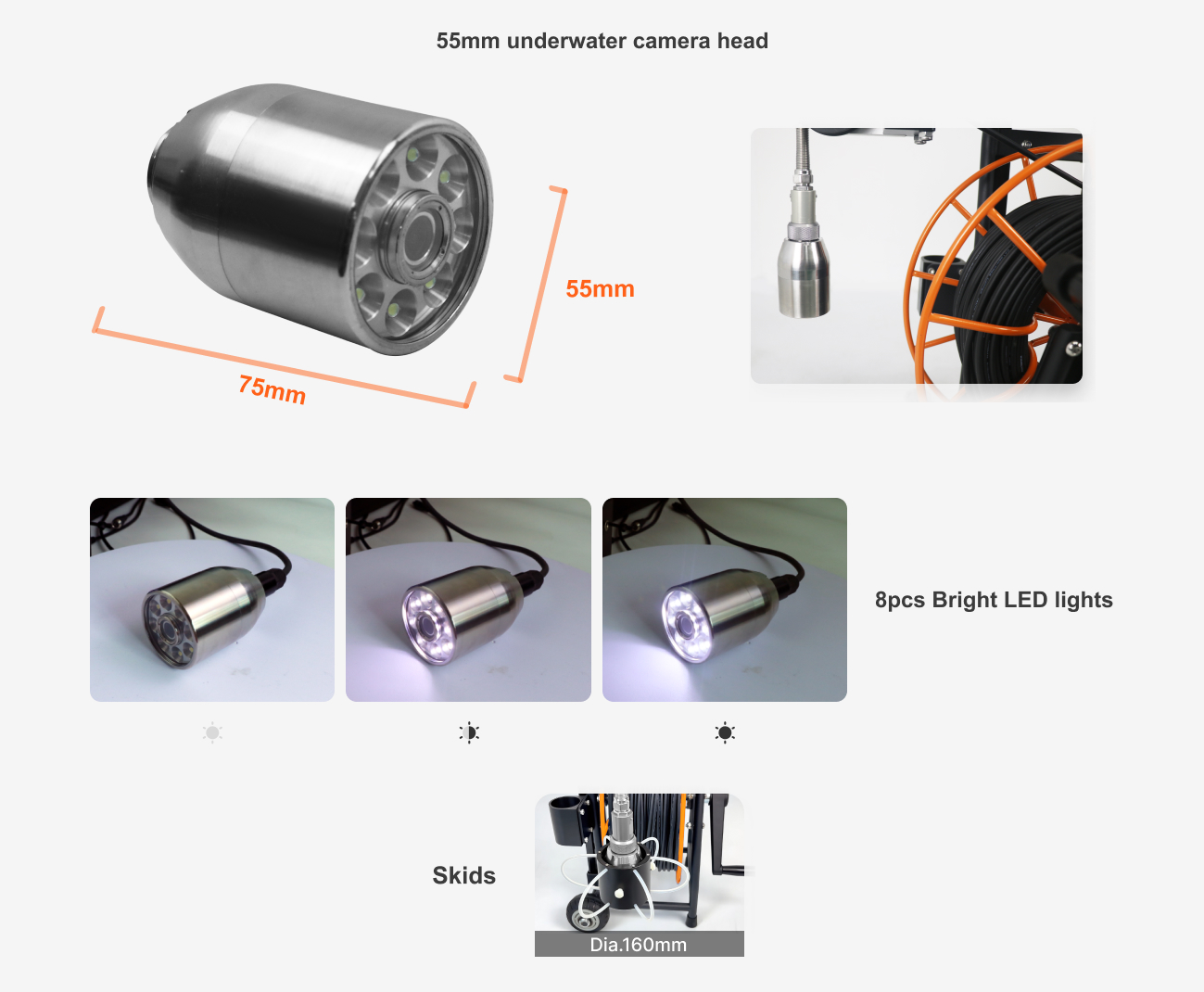 55mm AHD 100m Down View Underwater Pipe Borehole Inspection Camera - Vicam