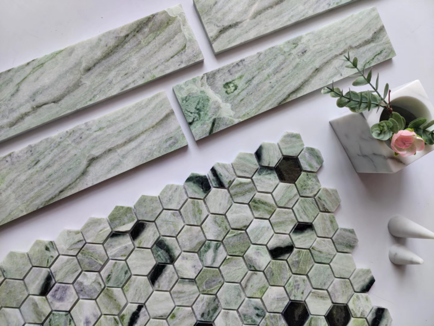Cloud Jade Green Marble Strip Rectangle Mosaic Tile for Kitchen ...