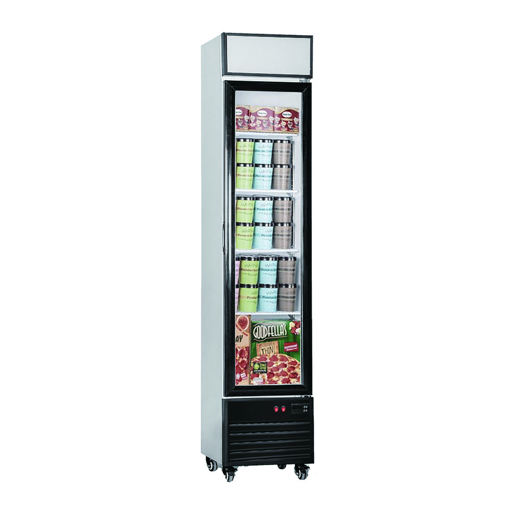 Slim Display Upright Freezer with Wheels