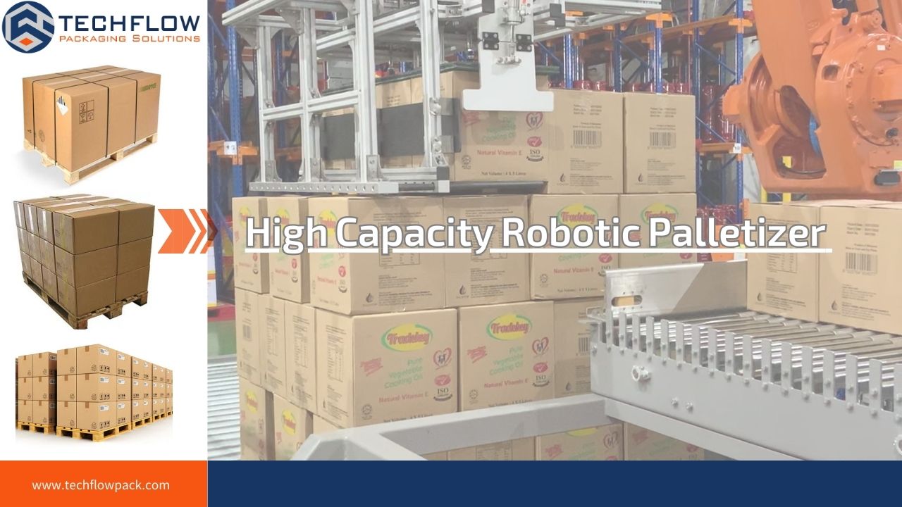 Automatic High Speed 500ml robotic case palletiser equipment supplier | Techflow Pack