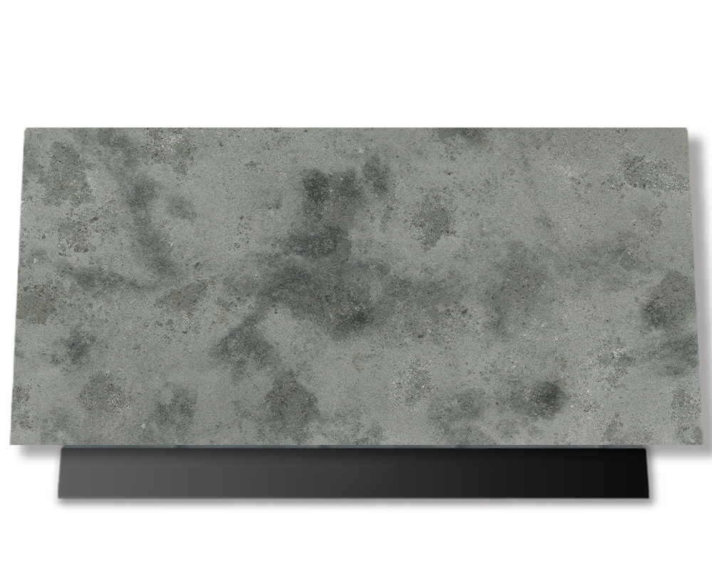 Cement Grey Quartz Stone Countertop with Farmhouse Sink Kitchen Cabinet ...