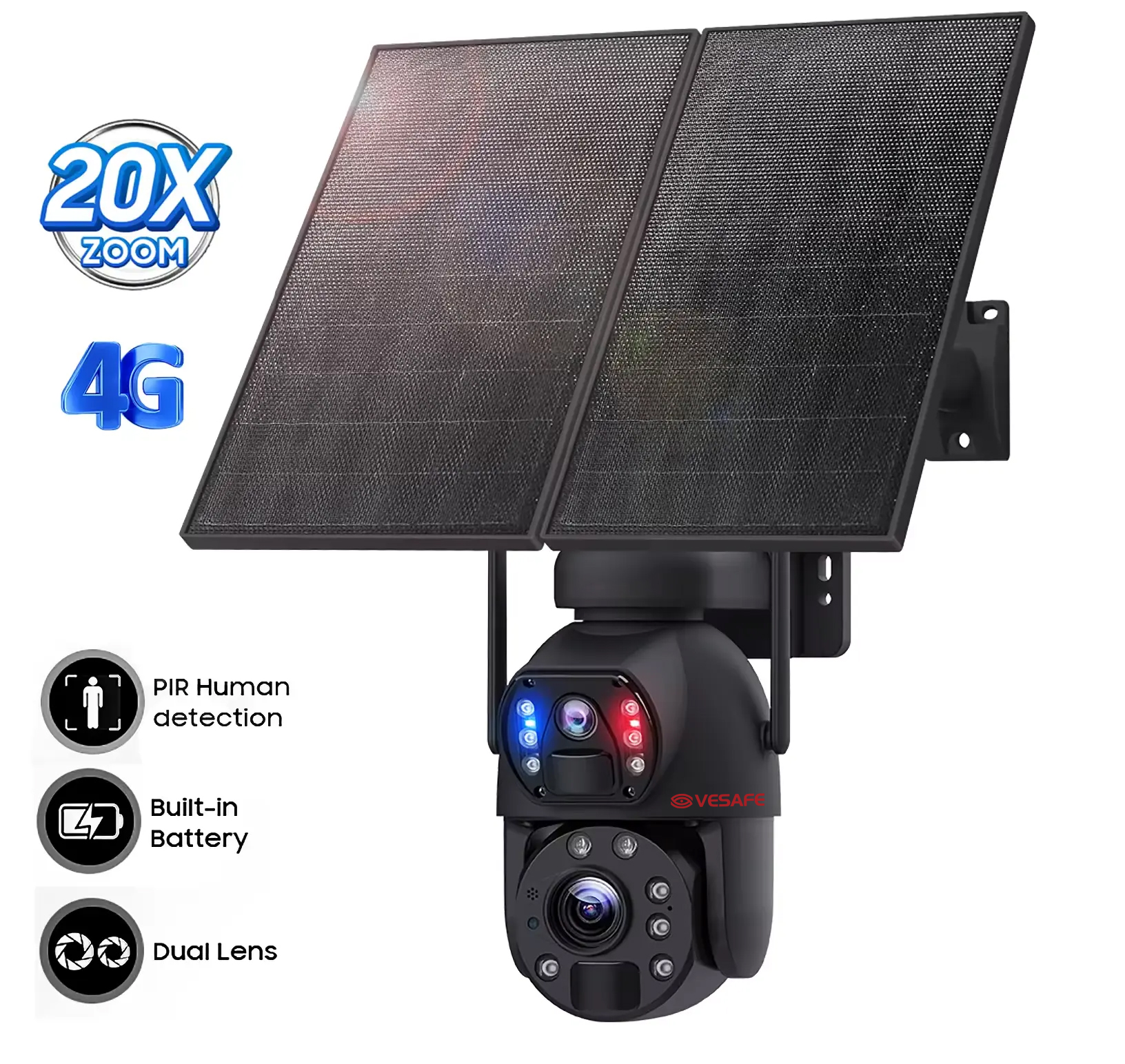 Outdoor 20W Solar Dual Lens 20X Zoom Security CCTV Camera | VESAFE