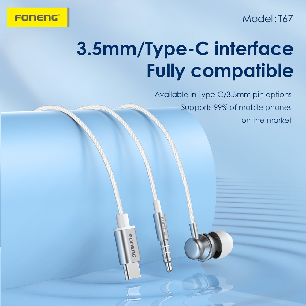 FONENG in-ear Heavy Bass Earphone TypeC Interface Wired Earphone T67 ...