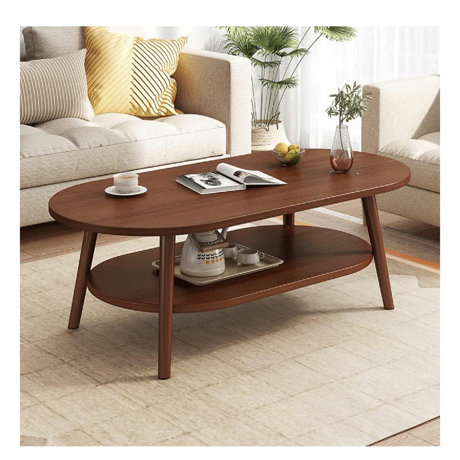 Rustic Oval Coffee Table with Storage Shelves 2-Tier Wooden Cocktail ...