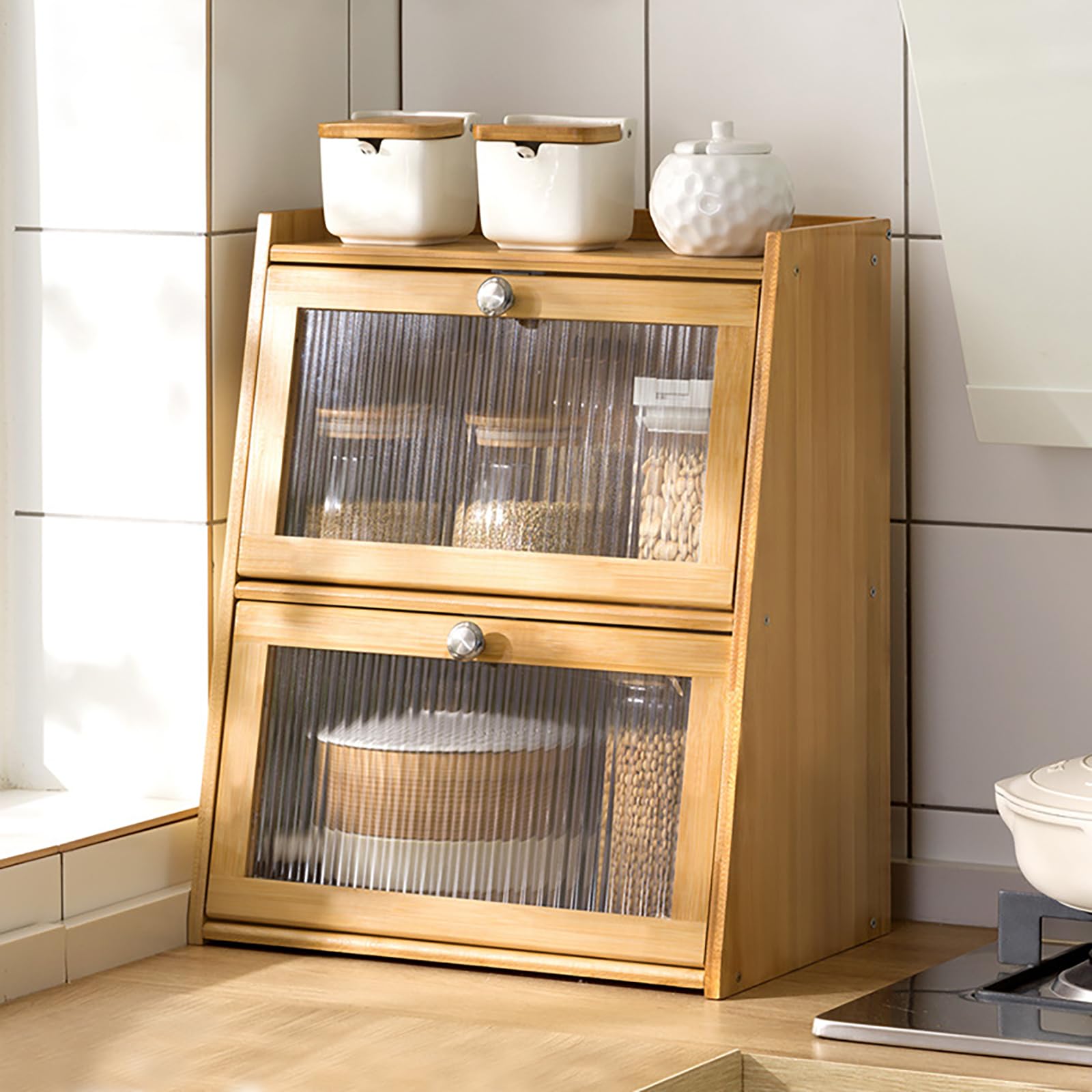 Cabinet with Door, Brown Bamboo Mini Kitchen Storage Unit Mini Kitchen ...