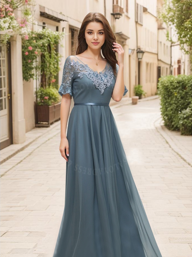Simple a Line Lace Long Dusty Blue Prom Dresses RSE1028 Delicate Lace ...