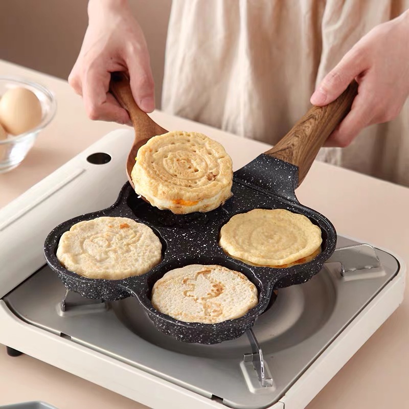 4 in 1 Mini Four Hole Egg Pan Nonstick Cooking Grill Pan Divided Wooden ...