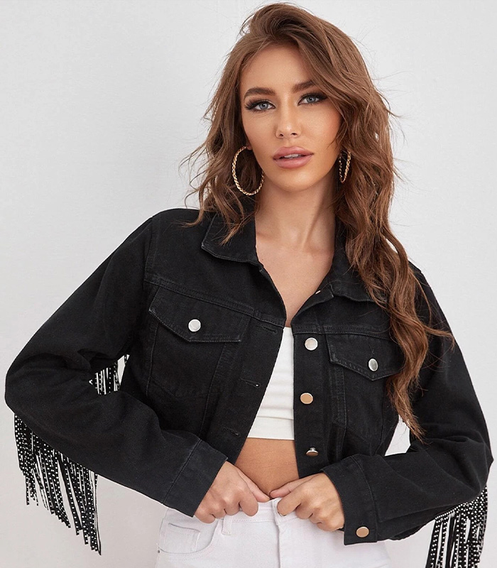 Women Short Fringe Denim Jacket