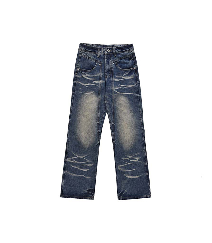 American Retro Washed Ripple Design Men Streetwear Jeans