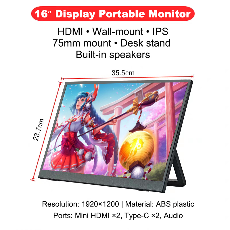 16 Inch Display Portable Monitor 1920x1200 with Type-C USB for Expand ...