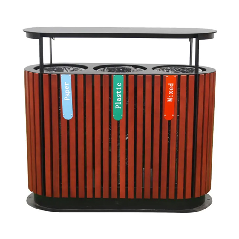 Outdoor Public Wood 3 Compartment Sorting Waste Recycling Bin ...