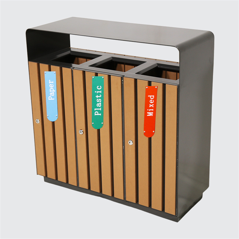 Outdoor Public Wood 3 Compartment Sorting Waste Recycling Bin | Arlau