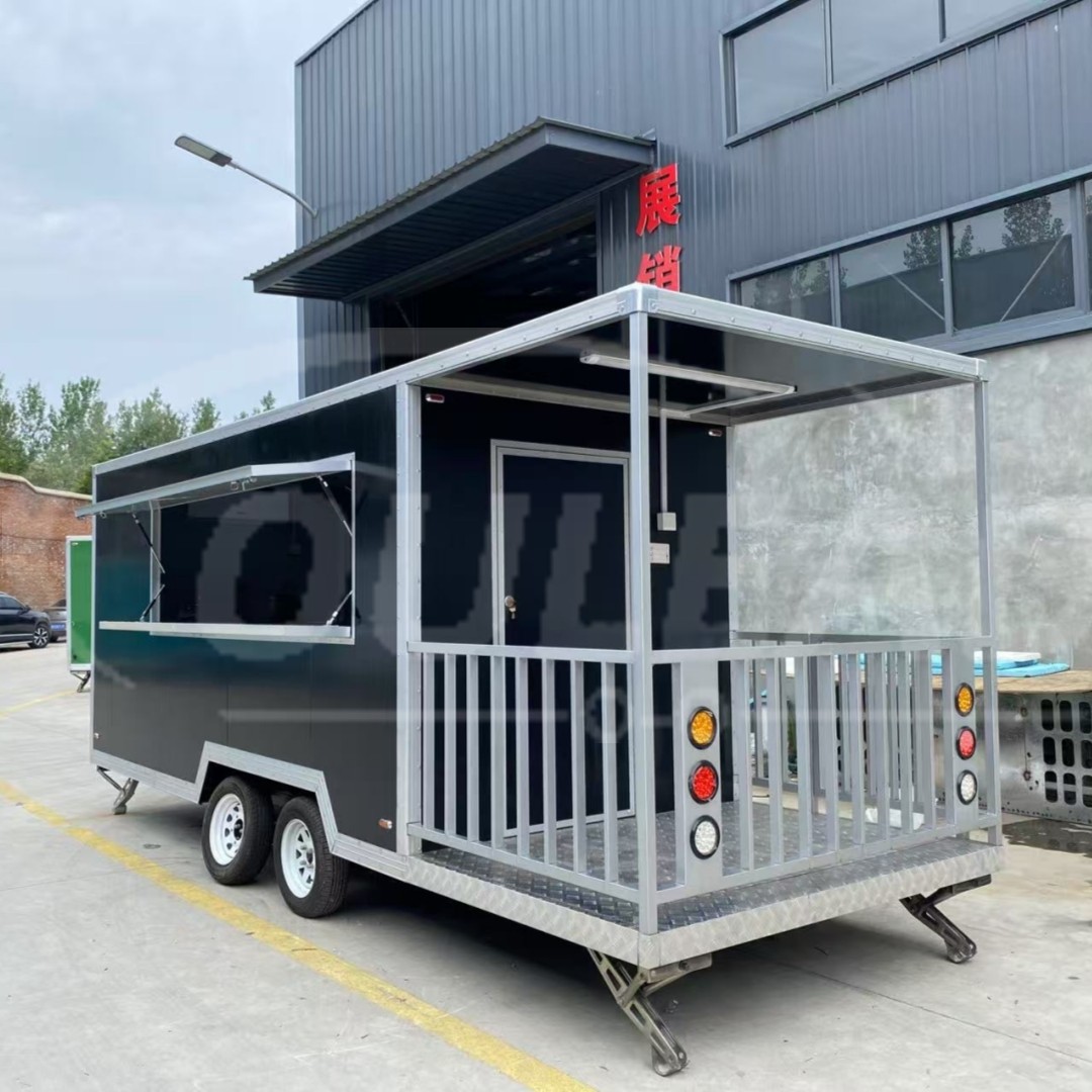 Black Dual - Axle Food Trailer with Metal Railing and Expanded Serving ...