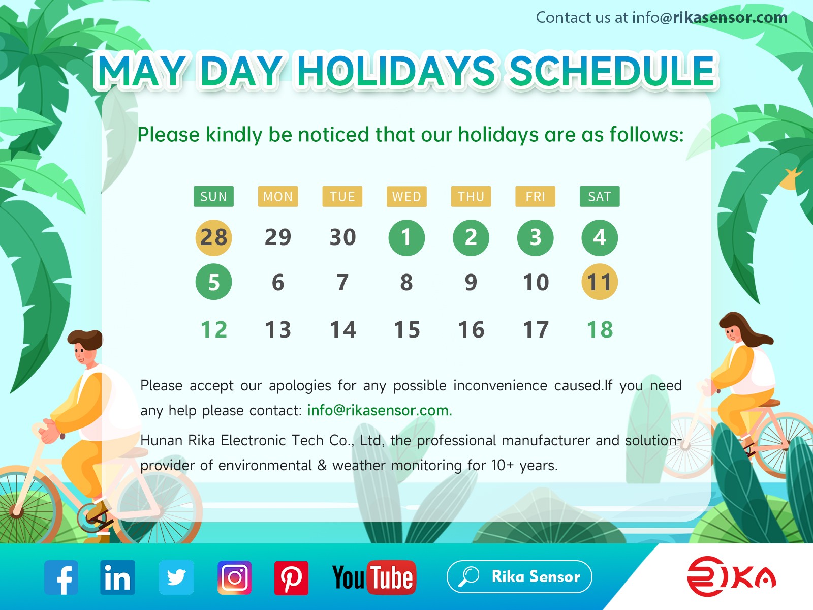 May Day Holidays Schedule | Rika Sensors