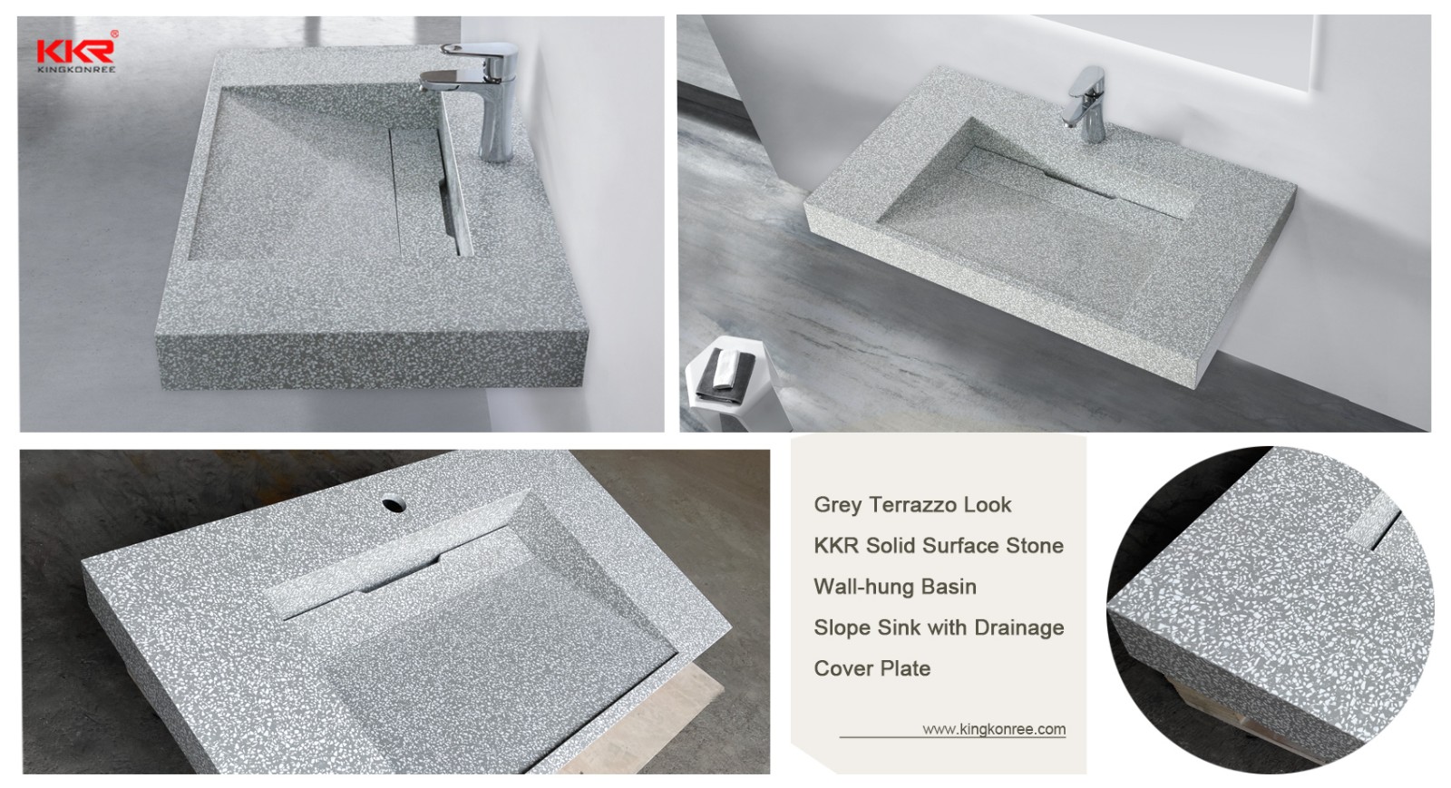 Solid Surface Stone Wall-hung Basin Ramp Sink with Drainage Cover Plate | KingKonree