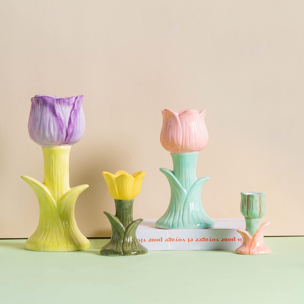 Creative Ceramic Tulip Shaped Candlestick Multiple Colors Taper Candle ...
