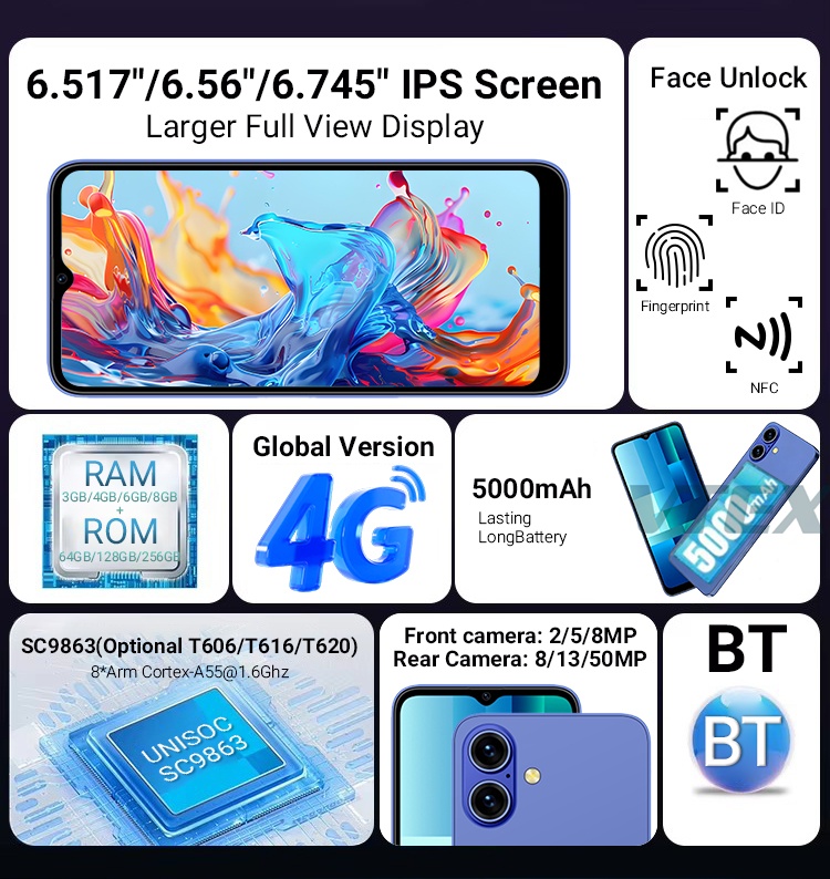 6.5 Inch SC9863 CPU 4G Smartphone HD IPS Display Android 16 5000mAh Big ...