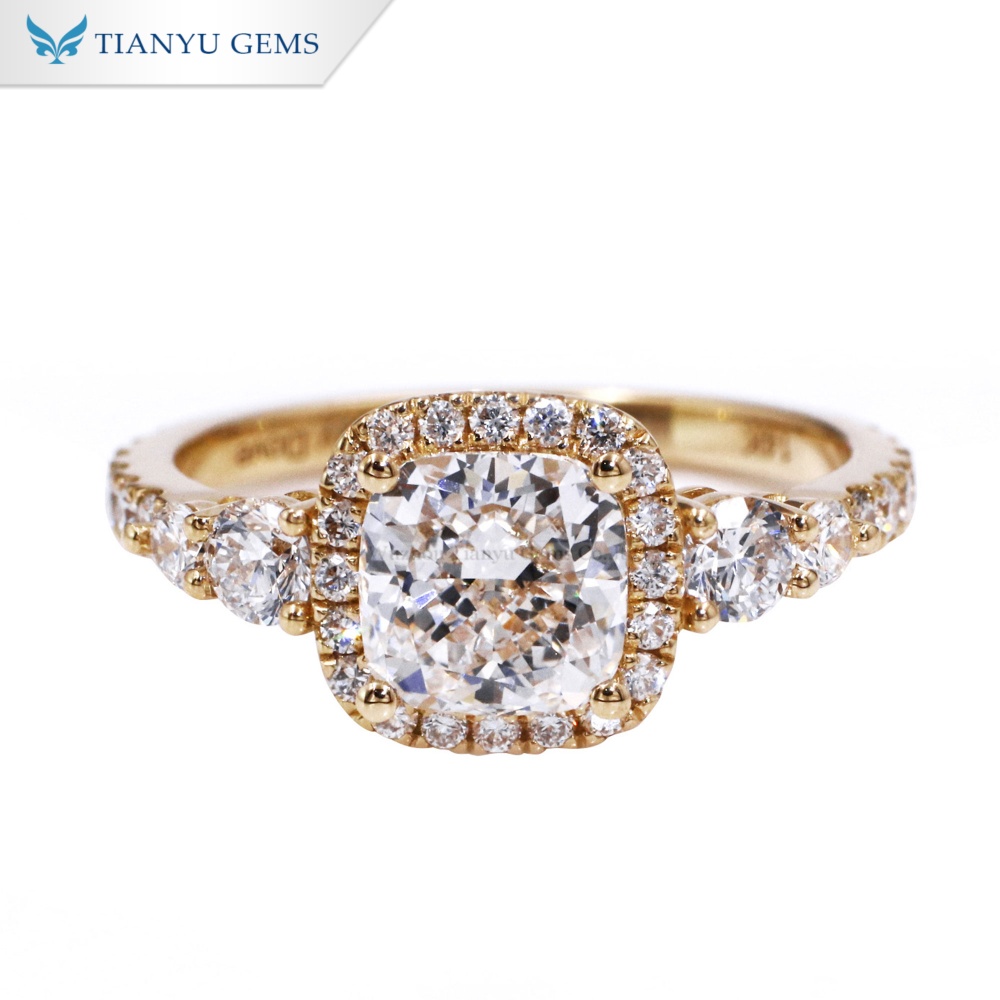 Tianyu Gems Cushion Cut Halo Engagement Ring 14k Yellow Gold Lab Grown ...
