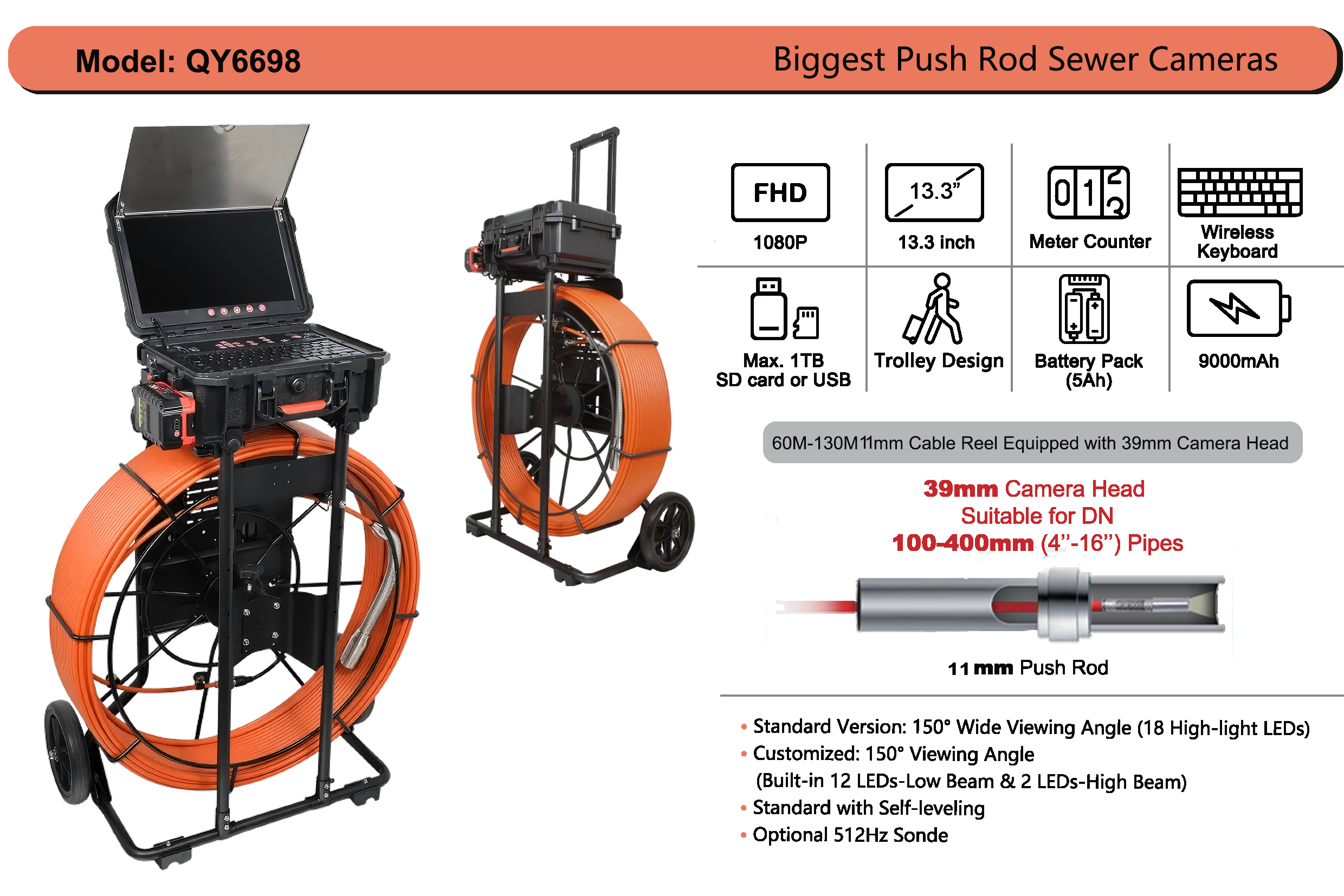 QYTeco 13.3" 39mm Camera 120M 11mm Push Rod Big Push Rod Cameras-QY6698 ...